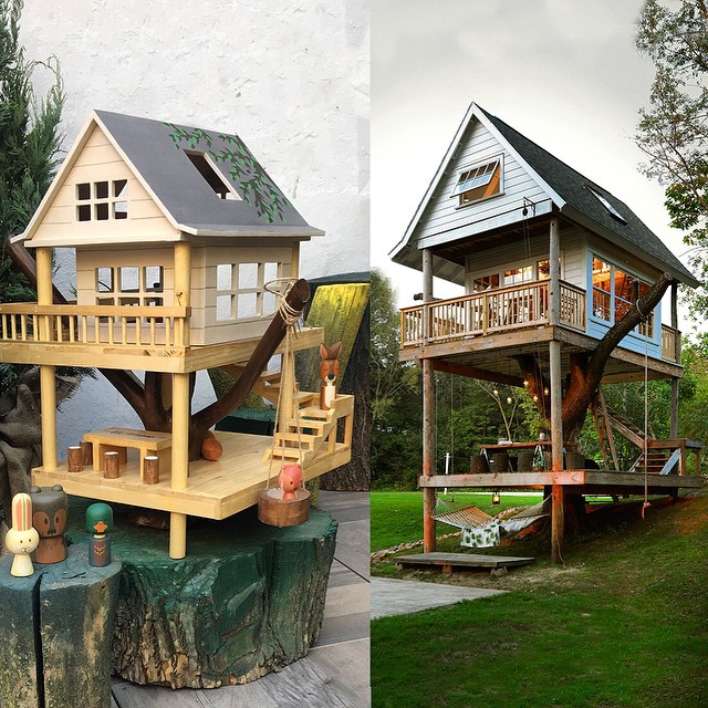 A treehouse for all, big and small. It has tables, chairs, even the ...